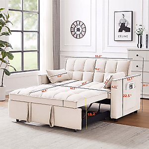 Merax 55.11" Modern 3 in 1 Velvet Convertible Sleeper Sofa Bed,Small Love Seat Lounge Sofa w/Reclining Backrest,Toss Pillows,Pockets,Loveseat Futon Sofa Couch Pullout Bed for Living Room,Beige