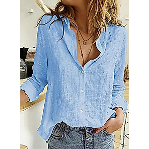 Astylish Women V Neck Solid Roll Up Sleeve Collared Shirts Blouses Summer Linen Tops for Teen Girls Blue Large