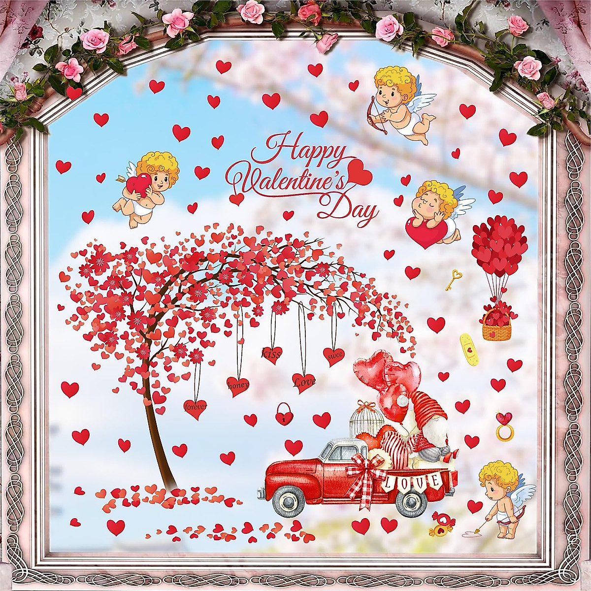 Valentine's Day Wall Decals Decor Pink Heart Tree Wall Stickers Couple Gnome Love Window Sticker Cupid Wall Sticker Valentines Window Decal Peel and Stick for Wedding Anniversary Engagement Decoration