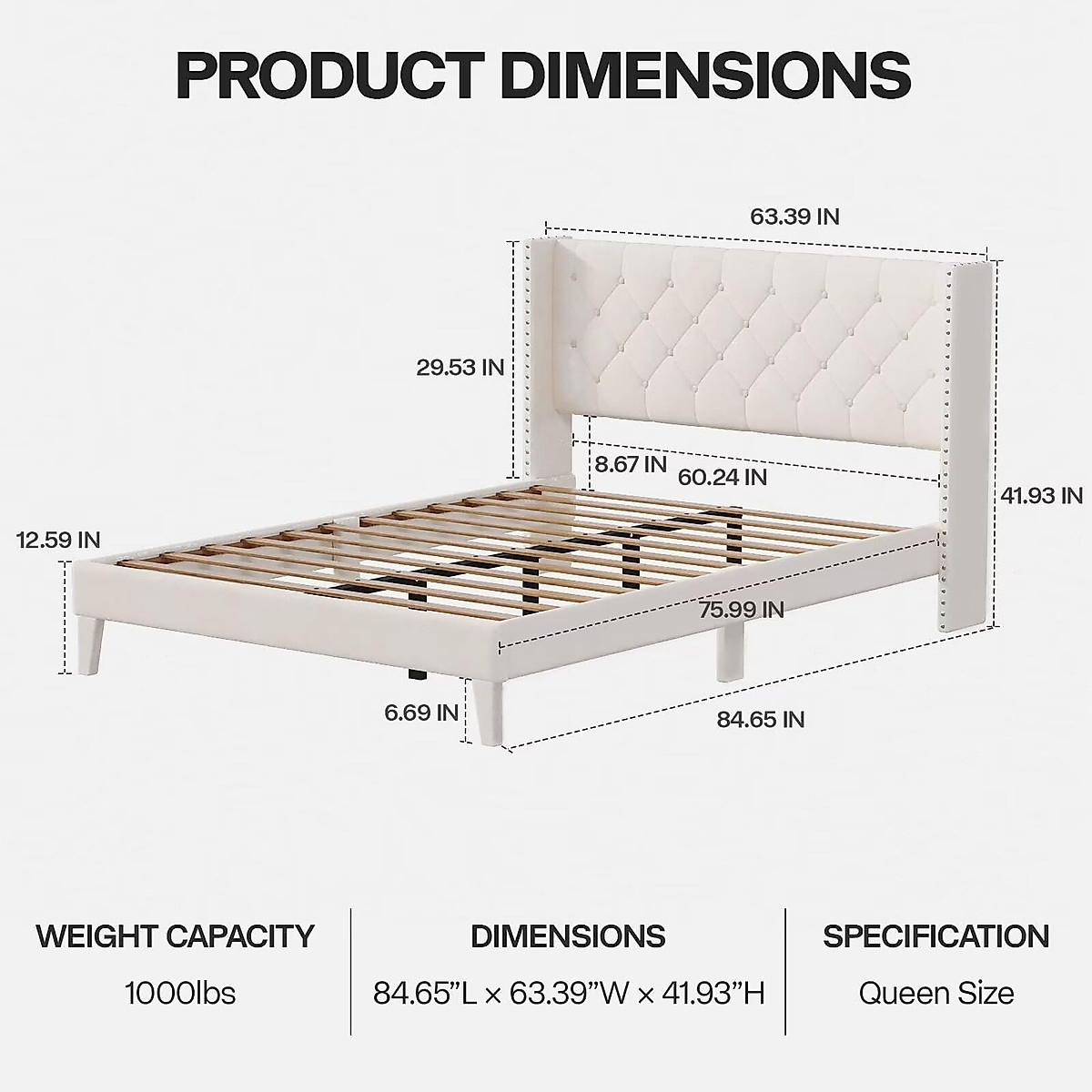 DOGIBIXO Queen Size Bed Frame with LED Lights, Upholstered Bed Frame with Wingback Diamond Tufted Headboard, Wood Slats Support, Noise-Free, Easy Assembly, No Box Spring Needed, Beige