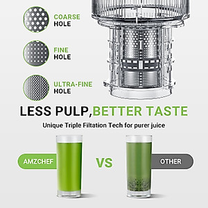 AMZCHEF Cold Press Juicer, Juicer Machines - 5.2" Large Feed Chute for Whole Fruits & Vegetables, Stainless Steel Slow Masticating Juicer Easy to Clean, Large Auger, Double Strainers, Silver