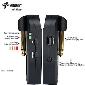 Sondery Wireless Guitar Transmitter Receiver System 5.8GHz, 24-bit High-Quality Audio, Ultra-Low Latency, Rechargeable with 4 Channels for Electric Instruments