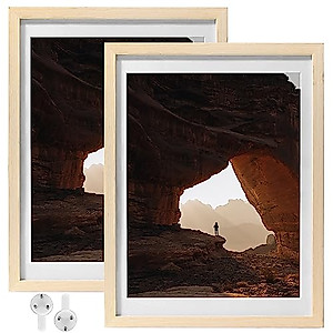 Kilarero 12x16 Picture Frame Set of 2, Made of Solid Wood Covered by Plexiglass Display 11x14 with Mat or 12x16 Without Mat for Wall or Tabletop, Photo Frame for Horizontal and Vertical Display(Natural,12x16)