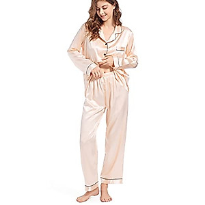 Fivali Womens Silk Satin Pajamas Long Sleeve Pj Set Two-piece Sleepwear Silky Button-down Nightwear Soft Loungewear Sets, L Champagne