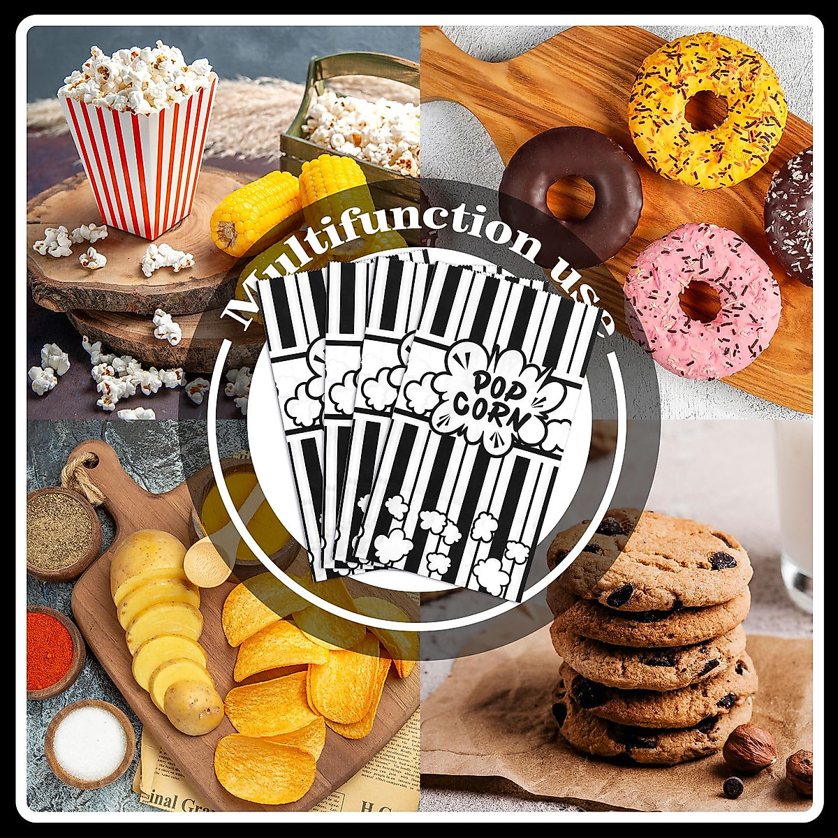 Whaline 200Pcs Movie Night Paper Popcorn Bags 2 oz Black and White Stripe Flat Bottom Popcorn Container Grease Resistant Large Sleeve Popcorn Bucket Disposable for Retro Movie Themed Party Carnival