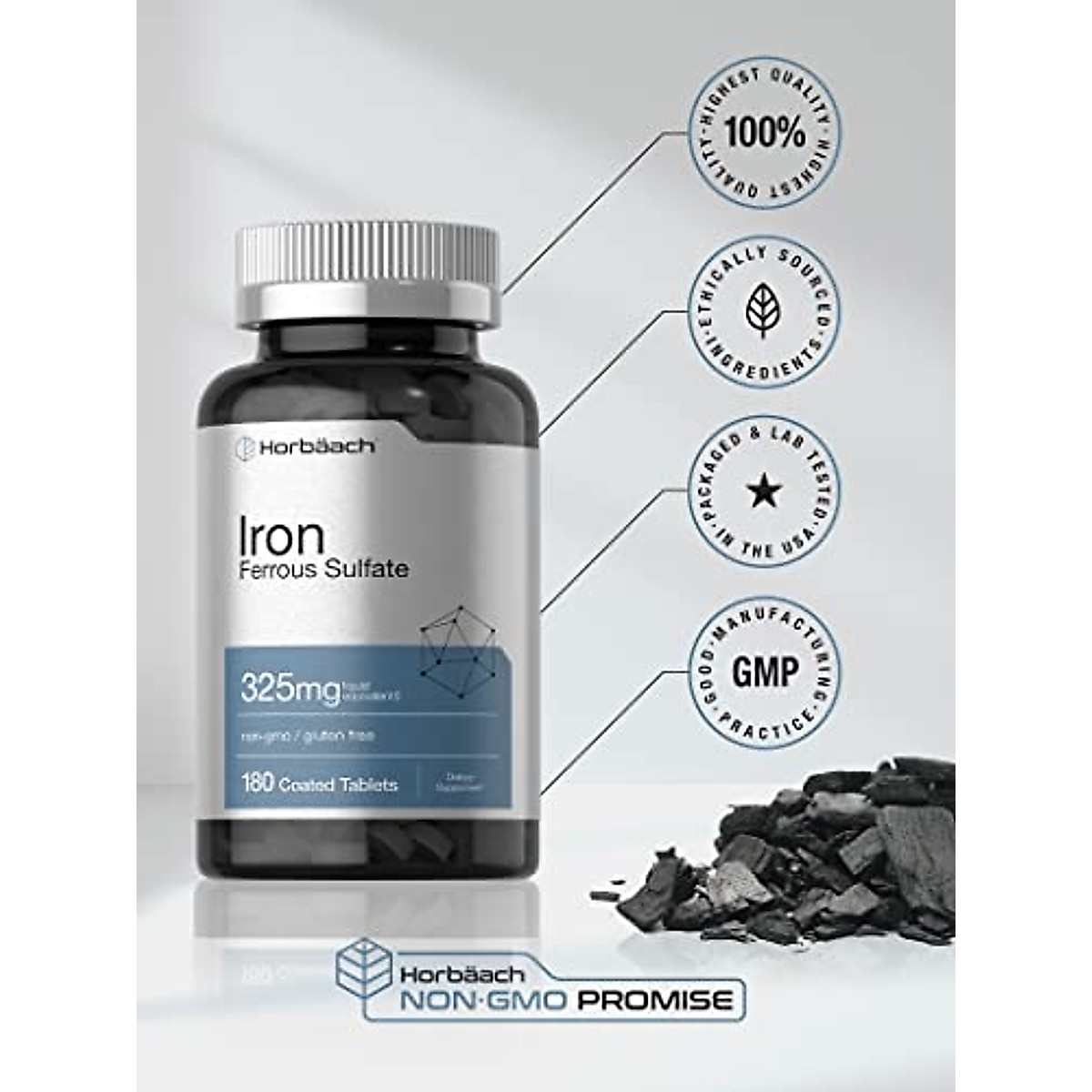 Iron Ferrous Sulfate | 325mg | 180 Count | Vegetarian, Non-GMO & Gluten Free Dietary Supplement | by Horbaach