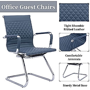 RIVOVA Office Guest Chairs Set of 8, Reception Chairs Conference Room Chairs with Arms & Sled Base, Modern Mid Back PU Leather Computer Chairs Desk Chairs no Wheels, Navy