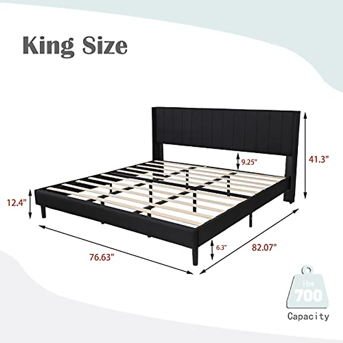 Gruwans Upholstered Bed Frame King with Wingback Headboard/No Box Spring Needed/Wooden Slat Support/Easy Assemble/Black
