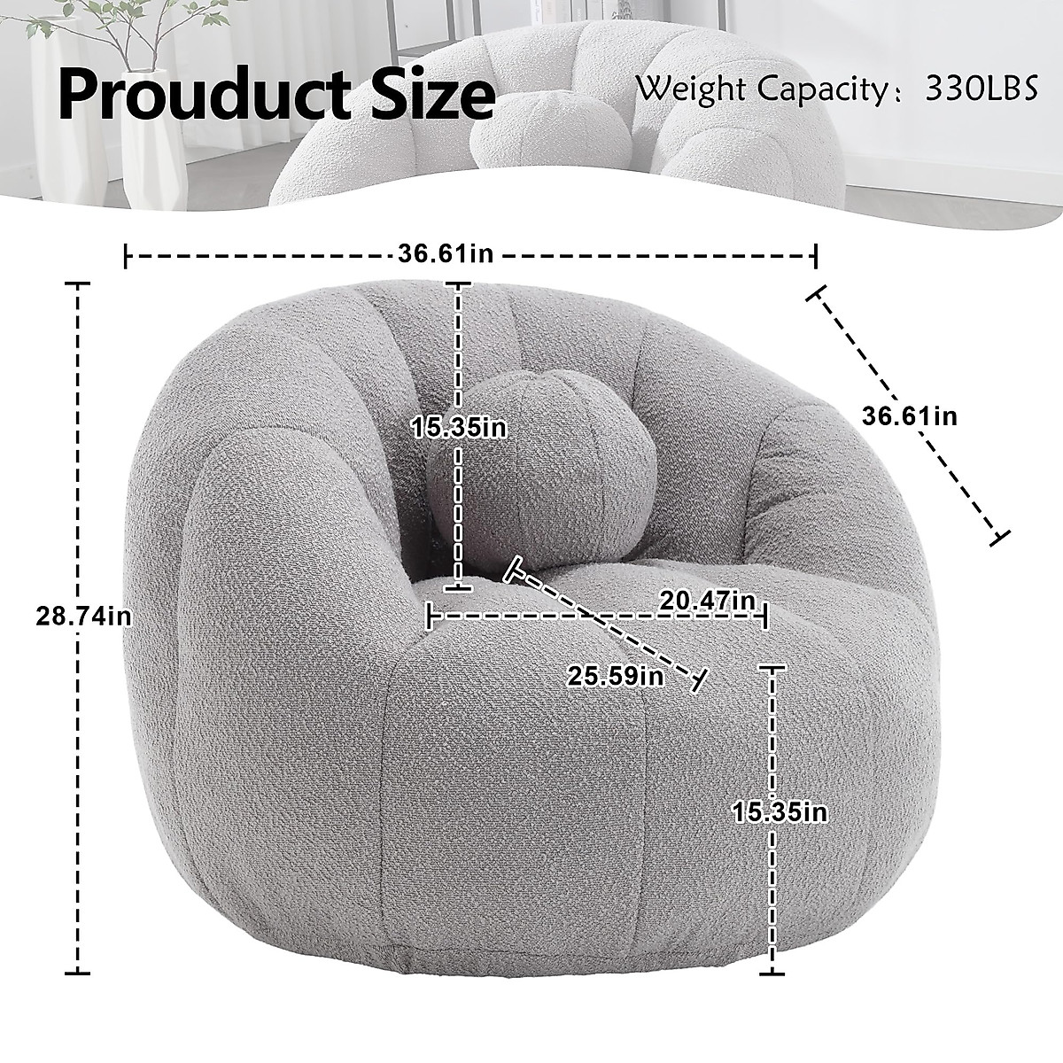 QQU Modern Round Barrel Chair with 1 Pillow, Comfortable Lounge Lazy Sofa Without Swivel Base Lounge Sofa Chair for Living Room, Bedroom, Hotel,Grey