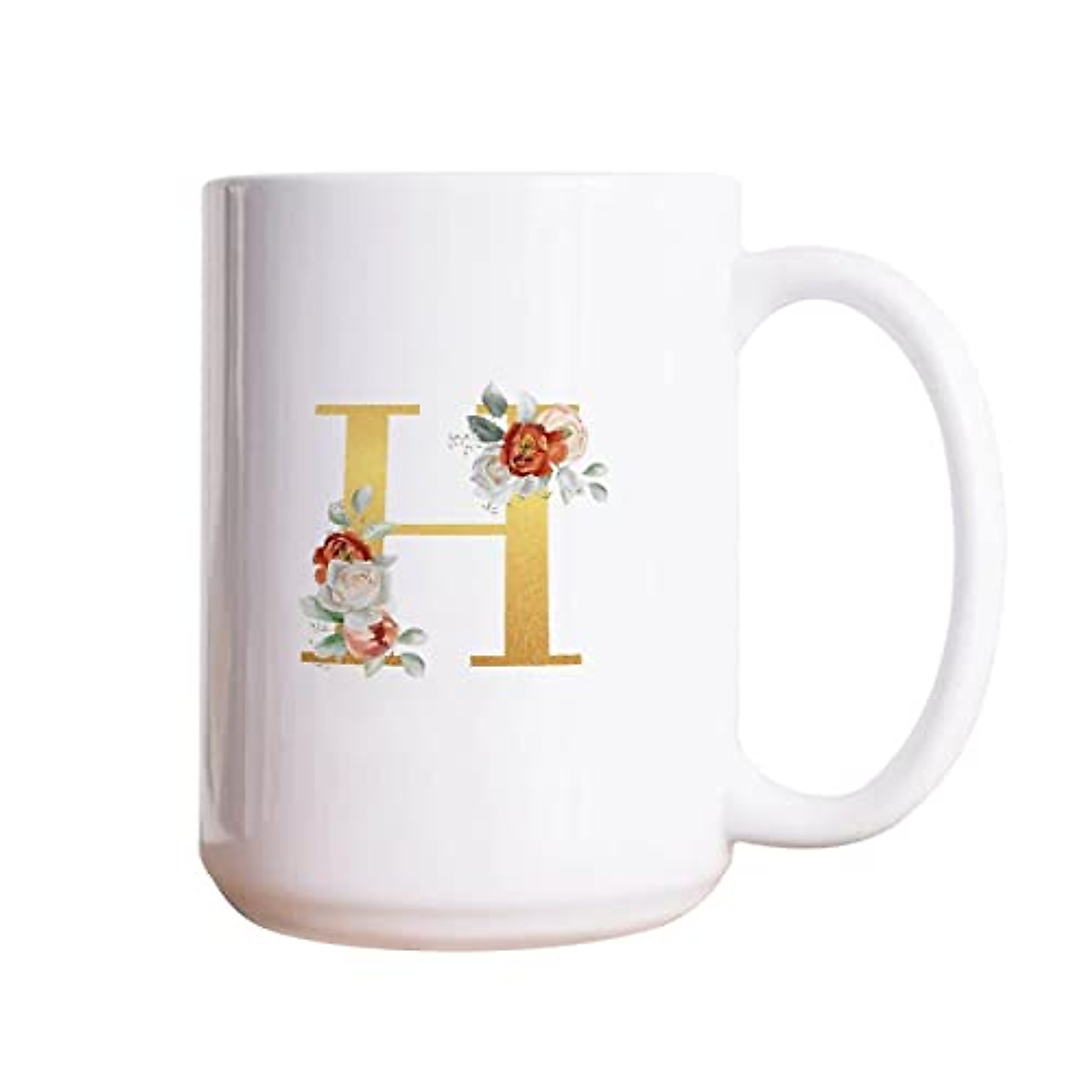 Yelolyio Watercolor Floral Monogram Coffee Mug, Alphabet Initial Letter H Coffee Cup, Monogram Mug Cup, 15oz