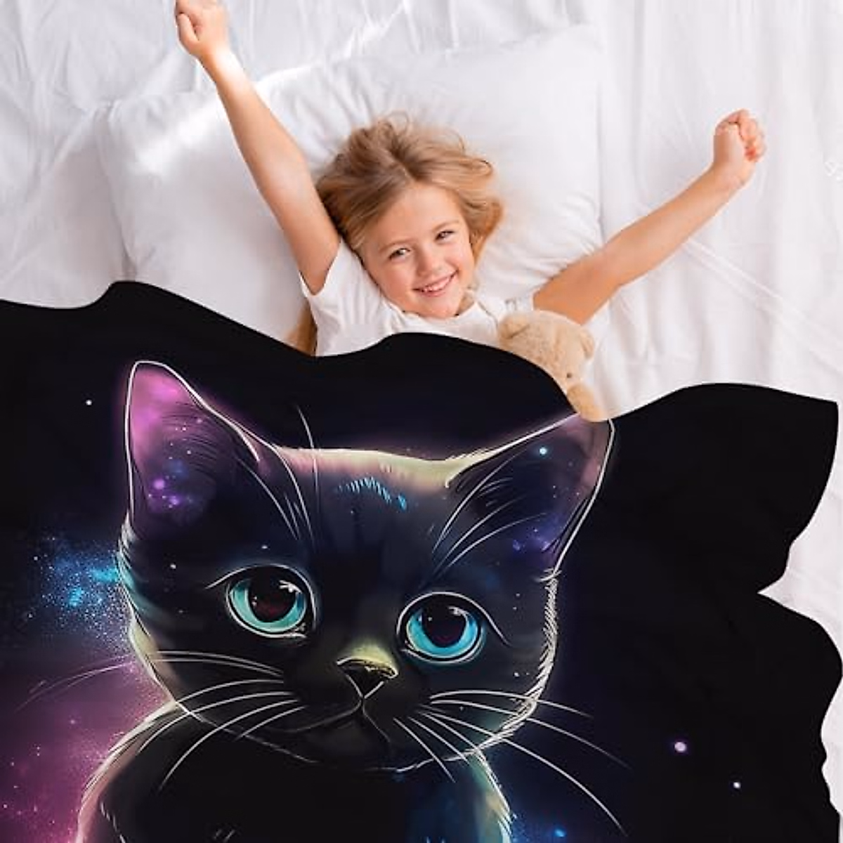 ALIFAFA Cat Blanket, Cute Black Cat in Blue Purple Galaxy Throw Blanket, Cat Gifts for Girls Boys, Plush Cat Lovers Gift Blanket Throws, Soft Cat Stuff for Kids,50"x40"