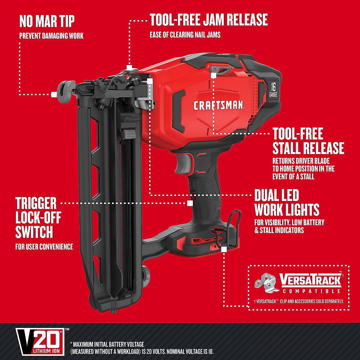 CRAFTSMAN V20 Cordless Finish Nailer, 16 Gauge, Bare Tool Only (CMCN616B)