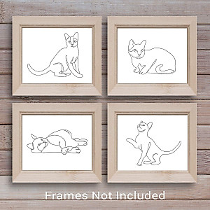 Cats Wall Art - Set of 4-8”x10” Unframed Minimalist Black & White Decor Prints - Makes a Great Gift Under $20 for Cat Lovers