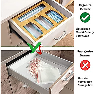 Bamboo Ziplock Bag Organizer, Wall Mounted Food Storage Bags Container for Kitchen Drawer, Baggie Storages Box - Compatible with Sandwich, Gallon, Quart and Snack (12 x 12 x 3 Inches)