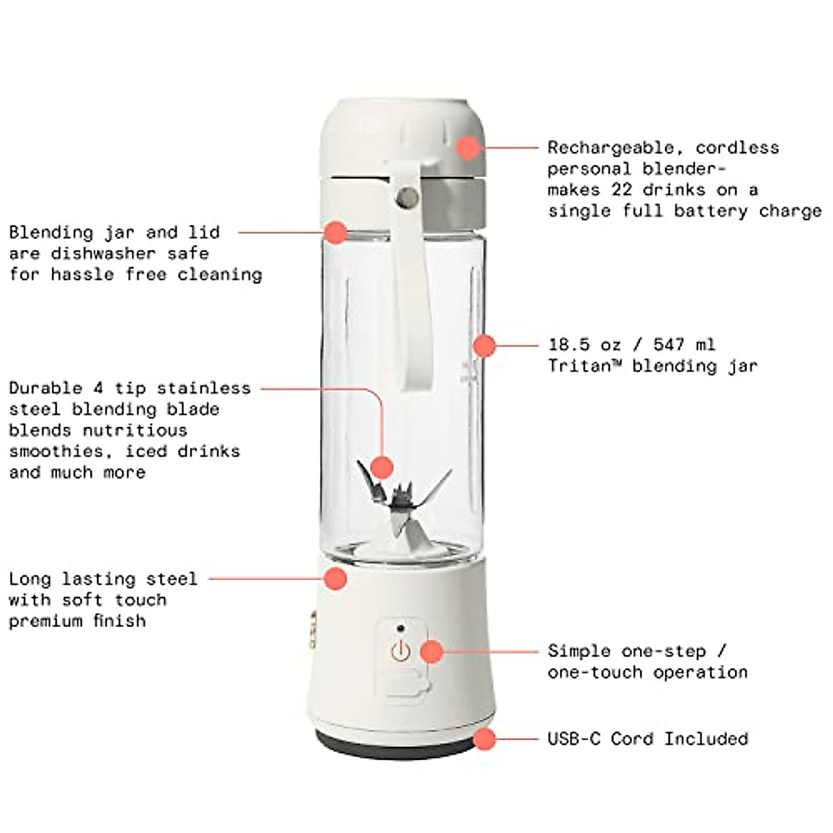 Beautiful Portable Blender,by Drew Barrymore, 70 Watts, 18.5 OZ (White Icing)