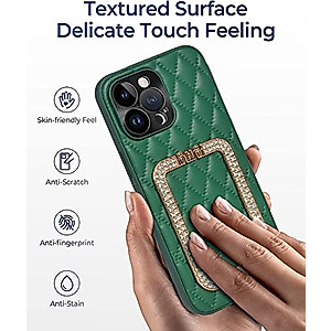 HALATUA Luxury iPhone 13 Pro Max Case with Glitter Diamond Stand, Soft Quilted Leather Design for Women & Girls 6.7" (White)