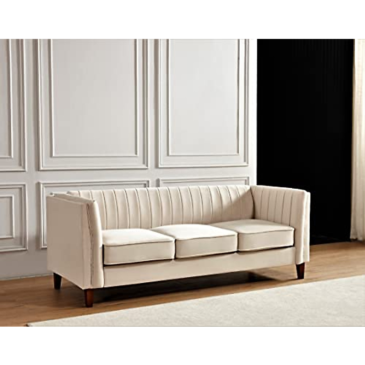 Container Furniture Direct Modern Luxury Velvet Couch for Living Room with High Density Foam, Soft Fabric Upholstery, Removable Cushions and Solid Wood Legs, 83'' Wide 3 Seater Sofa, Beige