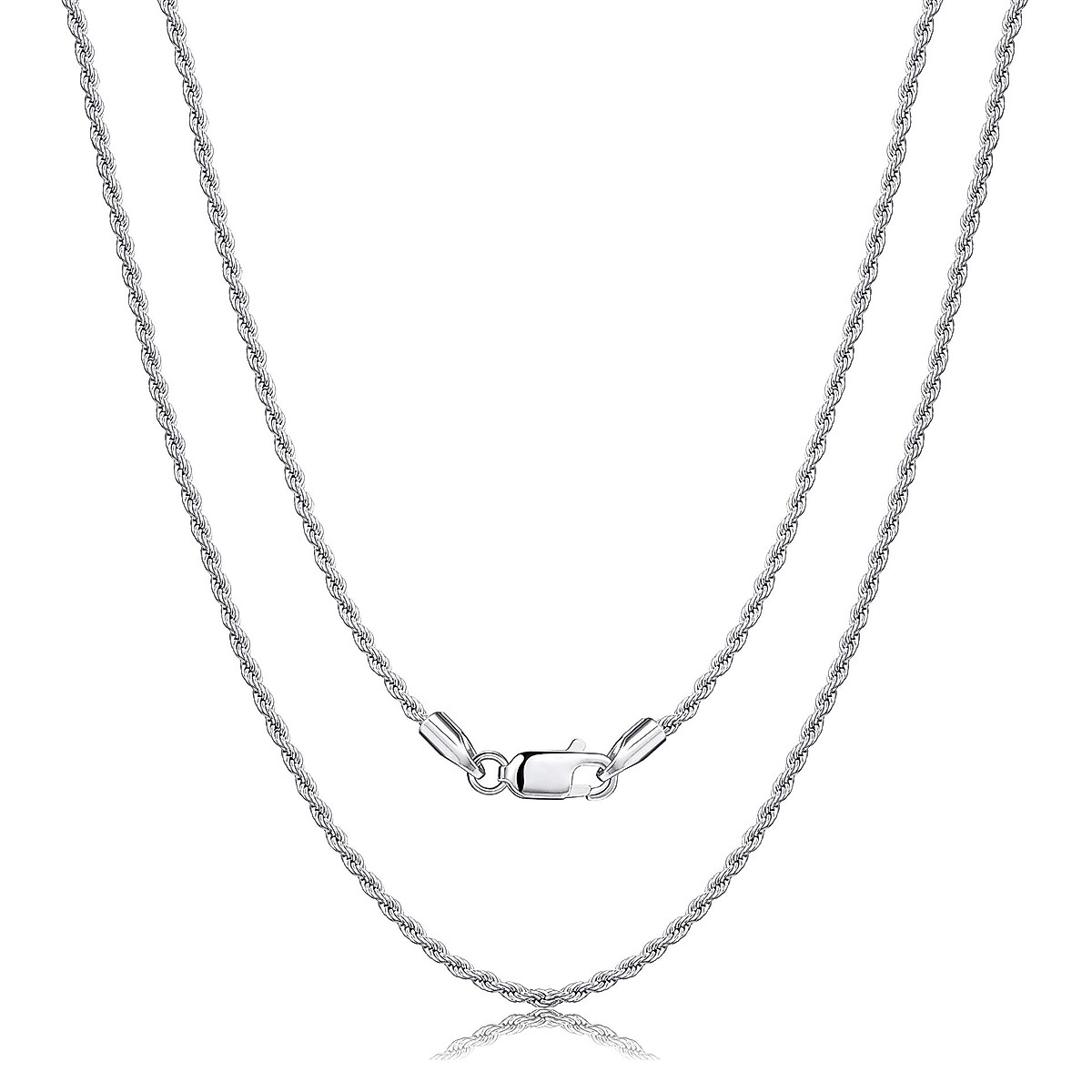 Milacolato 925 Sterling Silver 1.35MM Rope Chain Necklace for Women Men White Gold Plated Durable Italian Silver Necklace Chain Jewelry - Lobster Claw Clasp 16/18/20/22/24 Inches