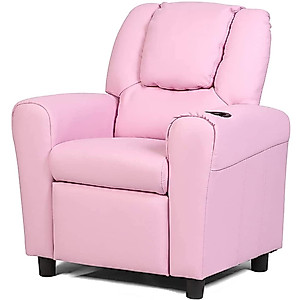 LDAILY Kids Recliner, PU Leather Kids Lounge Chair with Cup Holder, Adjustable Footrest, Ergonomic Toddler Furniture Sofa for Children, Boys & Girls, Living Room, Toddler Recliner, Pink