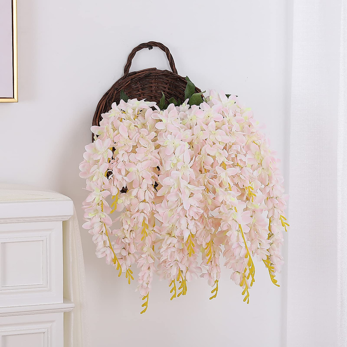 Duovlo Silk Wisteria Flower Artificial 2.13 Feet Hanging Wisteria Vine Fake Flower Bush String Home Party Wedding Decoration,Pack of 4 (Light Pink)