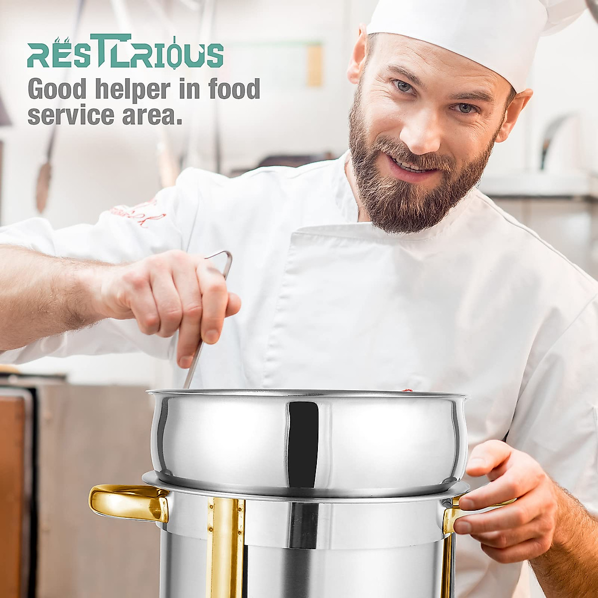 Restlrious Soup Chafer 7 QT Stainless Steel Round Soup Warmer, Large Marmite Soup Chafer with Pot Lid and Fuel Holder in Gold Accent, for Catering Parties Events Banquets, Commercial Grade 2 Pack