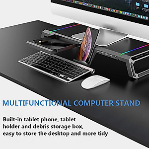 AWYLL Monitor Stand Riser, Foldable Monitor Stand with Drawer Storage, RGB Computer Desktop Organizer Stand 4USB 3.0 Hub for Up to 27 Inch Computer Screens, iMac, Laptop, Printer