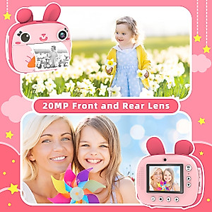 CAMCLID Instant Camera for Kids, 2.5K Kids Camera Instant Print with No Ink Print Paper & 32G Card,Selfie Digital Camera & 1080P Video Camera, Toy Gift for Girls Boys 3-12 (Pink)