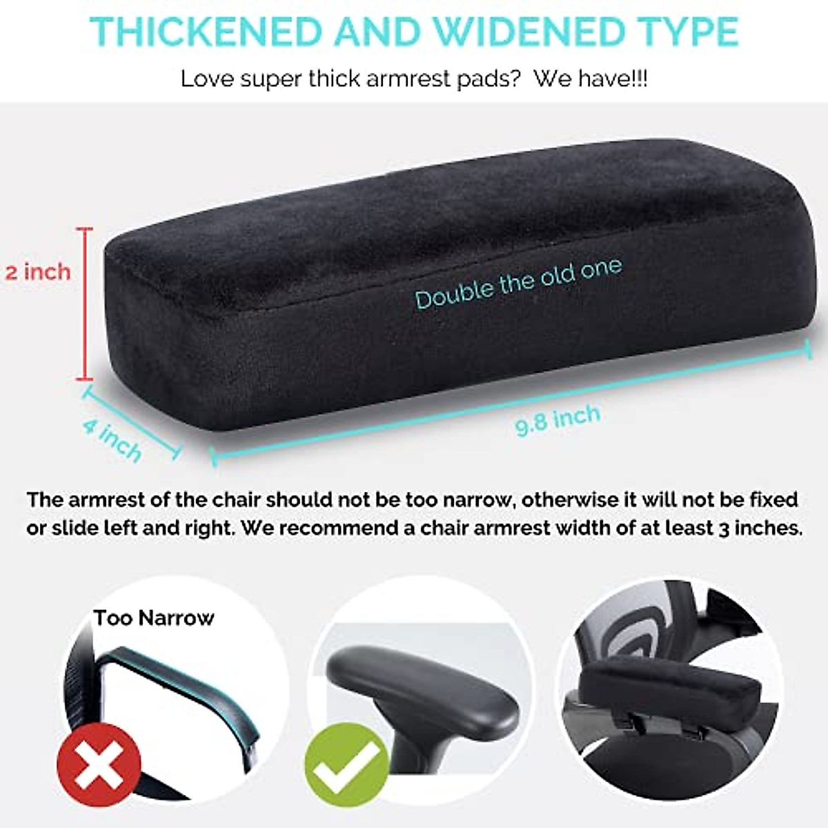 EcoLifeDay Extra Thick Chair armrest Cushions Elbow Pillow Pressure Relief Office Chair Gaming Chair armrest with Memory Foam armrest Pads 2-Piece Set of Chair (Black)