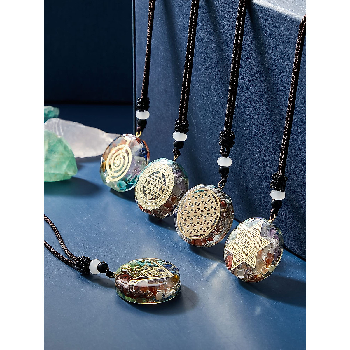 Batiyeer 10 Pieces Chakra Necklace Orgonite Necklace Crystal Pendant Necklace Spiral Chakra Healing Energy Necklace Adjustable Reversible Pendant for Women Men,1.4 Inches (Classic)