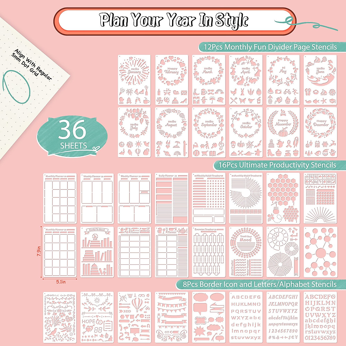 Midenco 36Pcs Bullet Journal Stencils Templates Set (5.1 * 7.9 Inch) - Bullet Journals Accessories/Supplies Kit - Journal Stencils for Bullet Journaling - Planner Stencils for A5 Dotted Journal