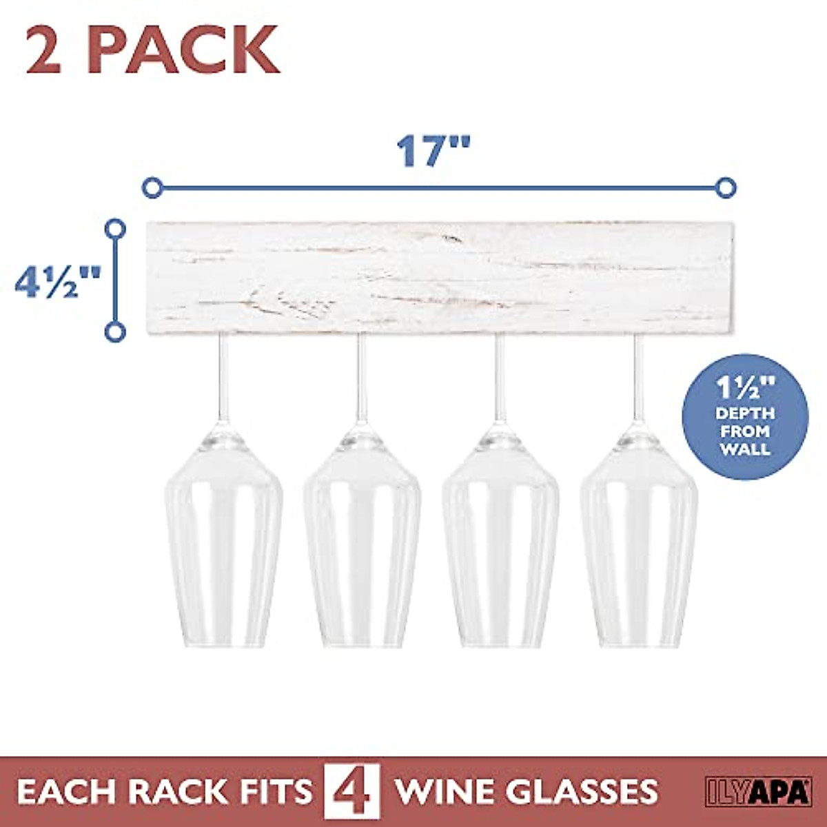 Ilyapa 2 Pack Rustic Shelf with Wine Glass Storage - Wall Mounted Wooden Wine Rack - White, Storage for 8 Glasses
