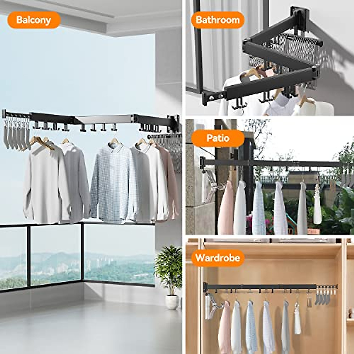 BAICIWE Wall Mounted Clothes Drying Rack, Retractable Laundry Drying Rack, Clothes Drying Rack Folding Indoor, Space Saver, Drying Rack Clothing for Balcony, Laundry, Bathroom, Patio(Tri-Fold)