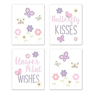 Sweet Jojo Designs Butterfly Wall Art Prints Room Decor for Baby, Nursery, and Kids - Set of 4 - Pink and Purple Floral Flower Garden Kisses and Wishes