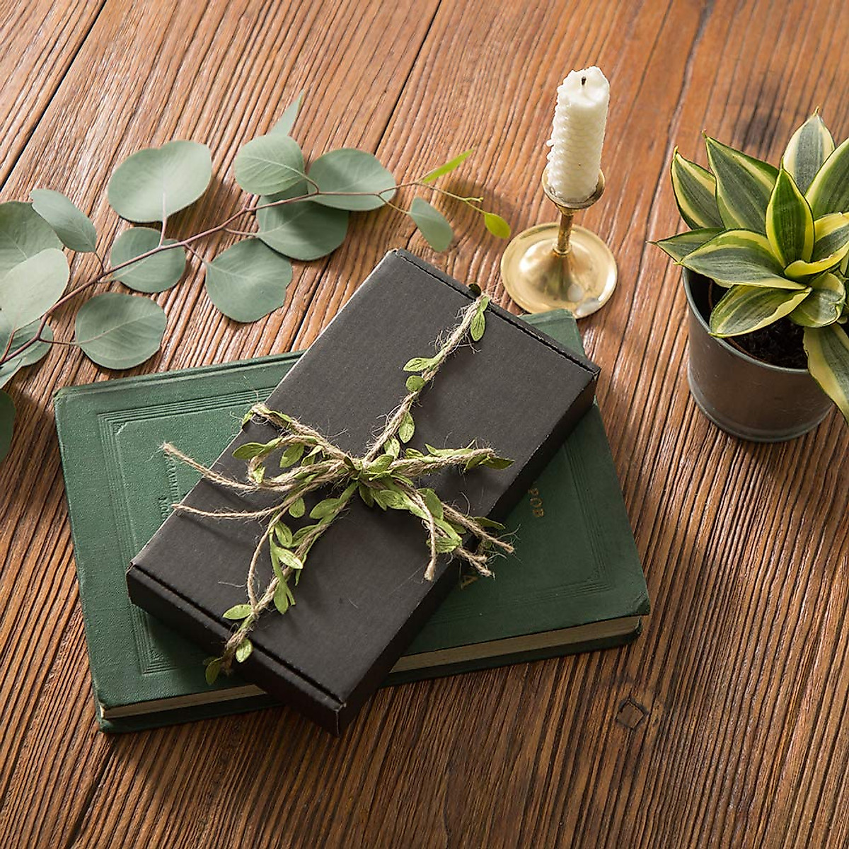 YuCool 98 Feet 5MM Burlap Leaf Ribbon, Natural Wall Hanging Jute Vine Twine with Artificial Green Leaves for Rustic Wedding,Home,Garden,Jungle Party Decorations and DIY Crafts Decor(3 Rolls)