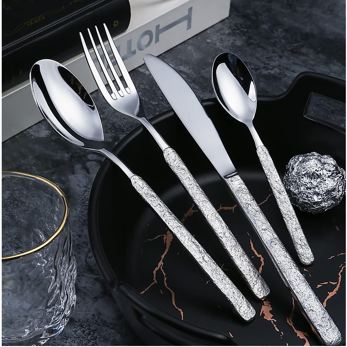 IKXO 35 Piece Silverware Set,Stainless Steel Silverware Set, Modern Sleek Flatware Set, Include Knife/Fork/Spoon & Long Teaspoon/Salad Fork Mirror-Polished & Dishwasher Safe Cutlery