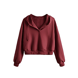 Verdusa Women's Long Sleeve Drop Shoulder Drawstring Crop Hoodie Sweatshirt Wine Red M