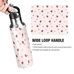 Ladybugs-flower-pattern Insulated Water Bottle with Straw, Stainless Steel Sports Water Bottles, Double Wall Vacuum, Leakproof, BPA-Free 20 oz