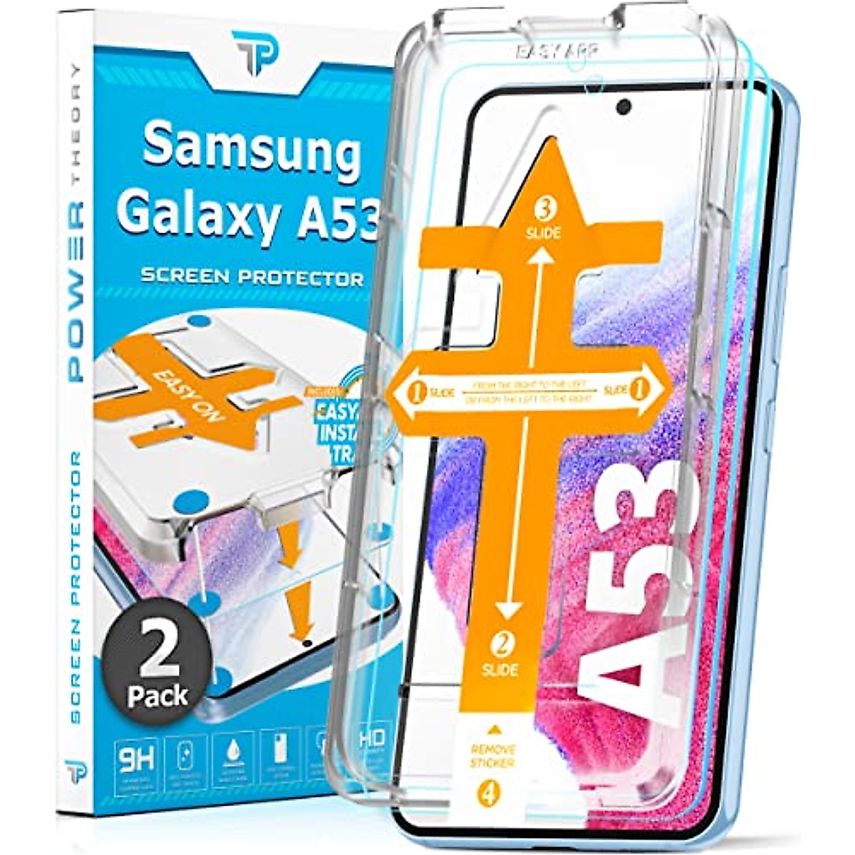 Power Theory Designed for Samsung Galaxy A53 5G Screen Protector Tempered Glass [9H Hardness], Easy Install Kit, 99% HD Bubble Free Clear, Case Friendly, Anti-Scratch, 2 Pack