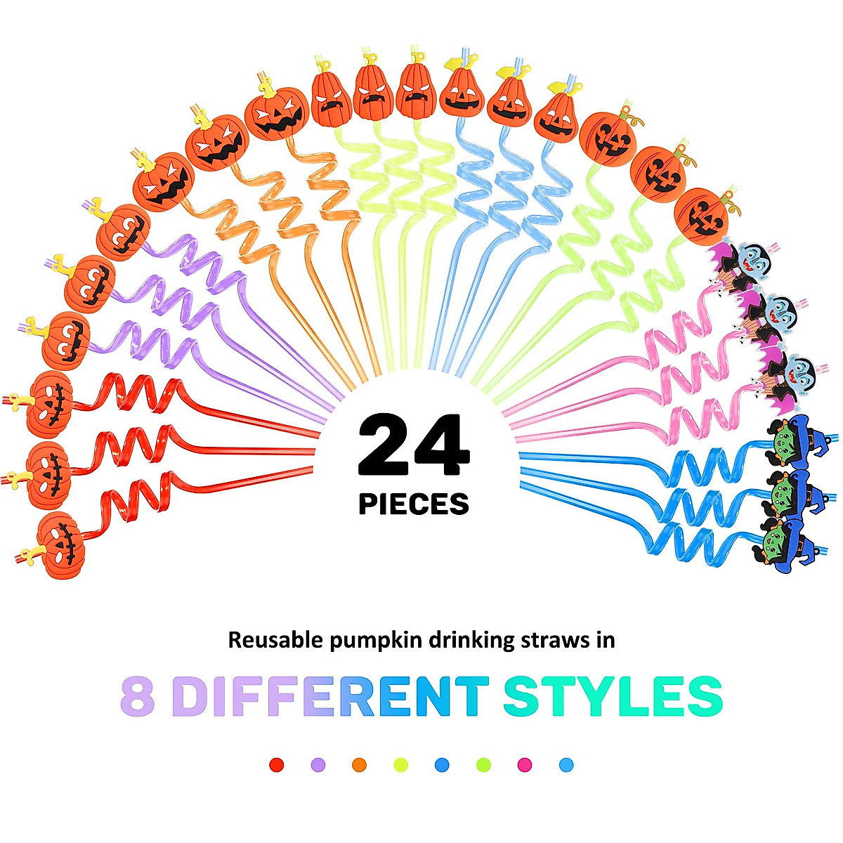 Halloween Drinking Straws, 24 Pack of Plastic Straws Reusable Pumpkin Wizard Pattern Kids Party Spiral Straws for Halloween Decoration Party Favor Goodie Gifts By Rely2016