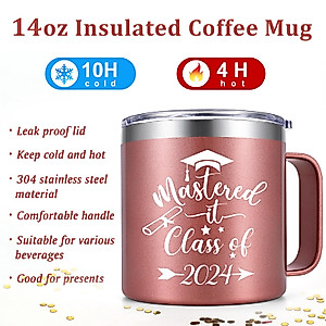Lifecapido Graduation Gifts, 2024 High School College Masters Degree PHDGraduation Gifts for Her Daughter Niece Friends, Mastered It Class of 2024 Insulated Coffee Mug with Spoon (14 oz, Rose Gold)