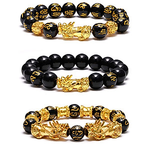 SOOWOOT 3Pcs Feng Shui Black Obsidian Bracelets Set - Good Luck Amulet Dragon Lucky Charm Pi Xiu Pi Yao Attract Wealthy bracelets for women men