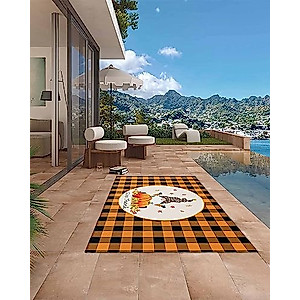 Outdoor Patio Rugs Pumpkin Sunflowers Fallen Leaves Outdoor Area Rug Orange Checkered Non-Slip Backyard/Camping RV Rug/Deck/Porch Rug Front Door Floor Mat Carpet,5x8ft,