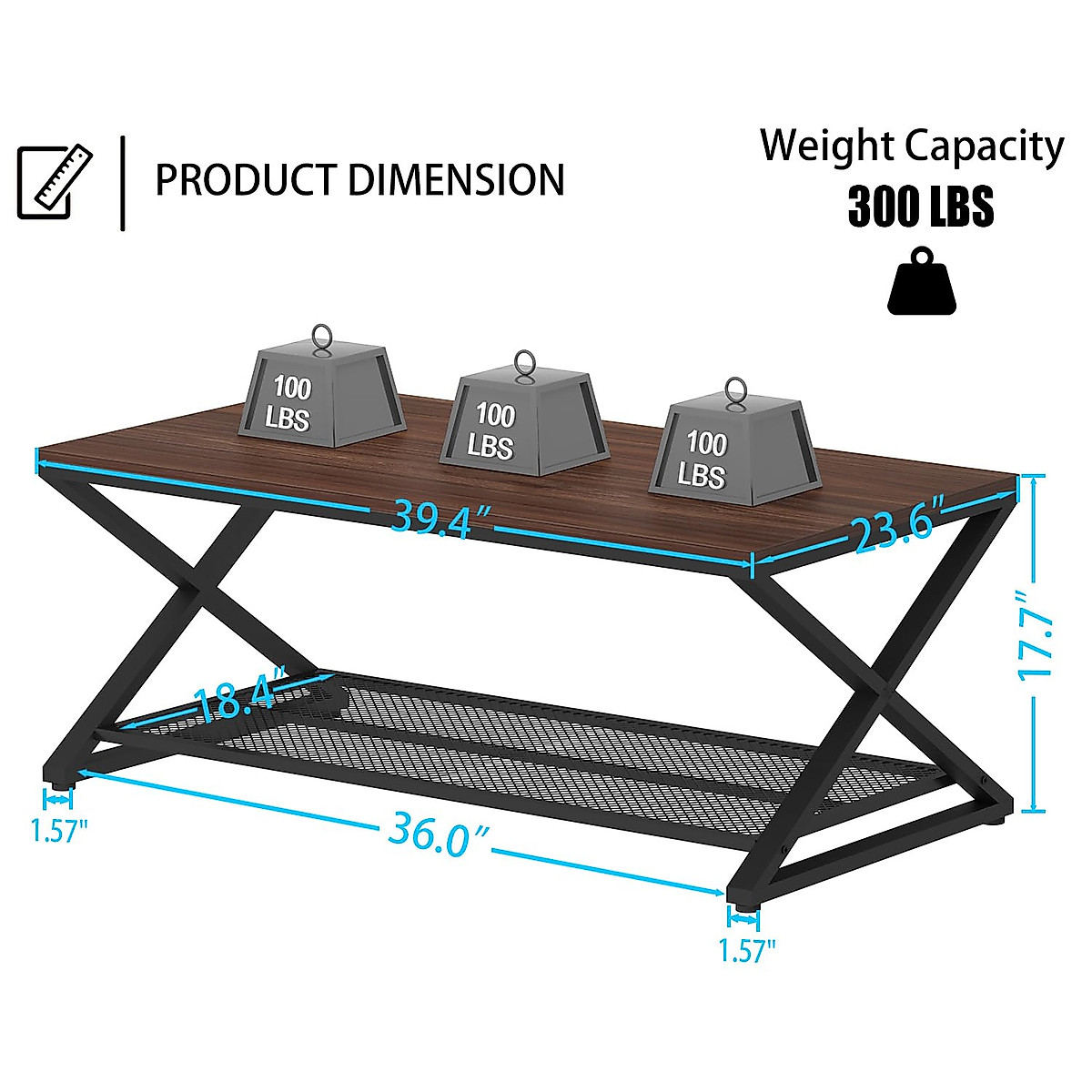 LVB Walnut Coffee Table with Storage, Metal Wood Rectangle Living Room Table, Industrial 2 Tier Center Table with Mesh Shelf, Vintage Wooden Middle Concrete Tables for Office Bedroom, 39 inch, Walnut