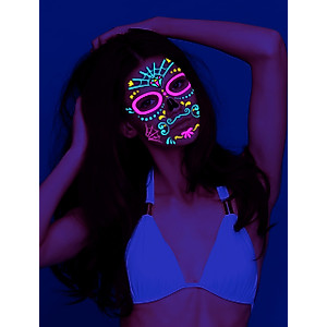 Beilingdun Halloween & Day of the Dead Sugar Skull Glowing Temporary Face Tattoos (8 Packs),Roses Spider Net and Floral Black Skeleton Web Red Roses Full Face Mask Tattoo for the halloween &Night Party