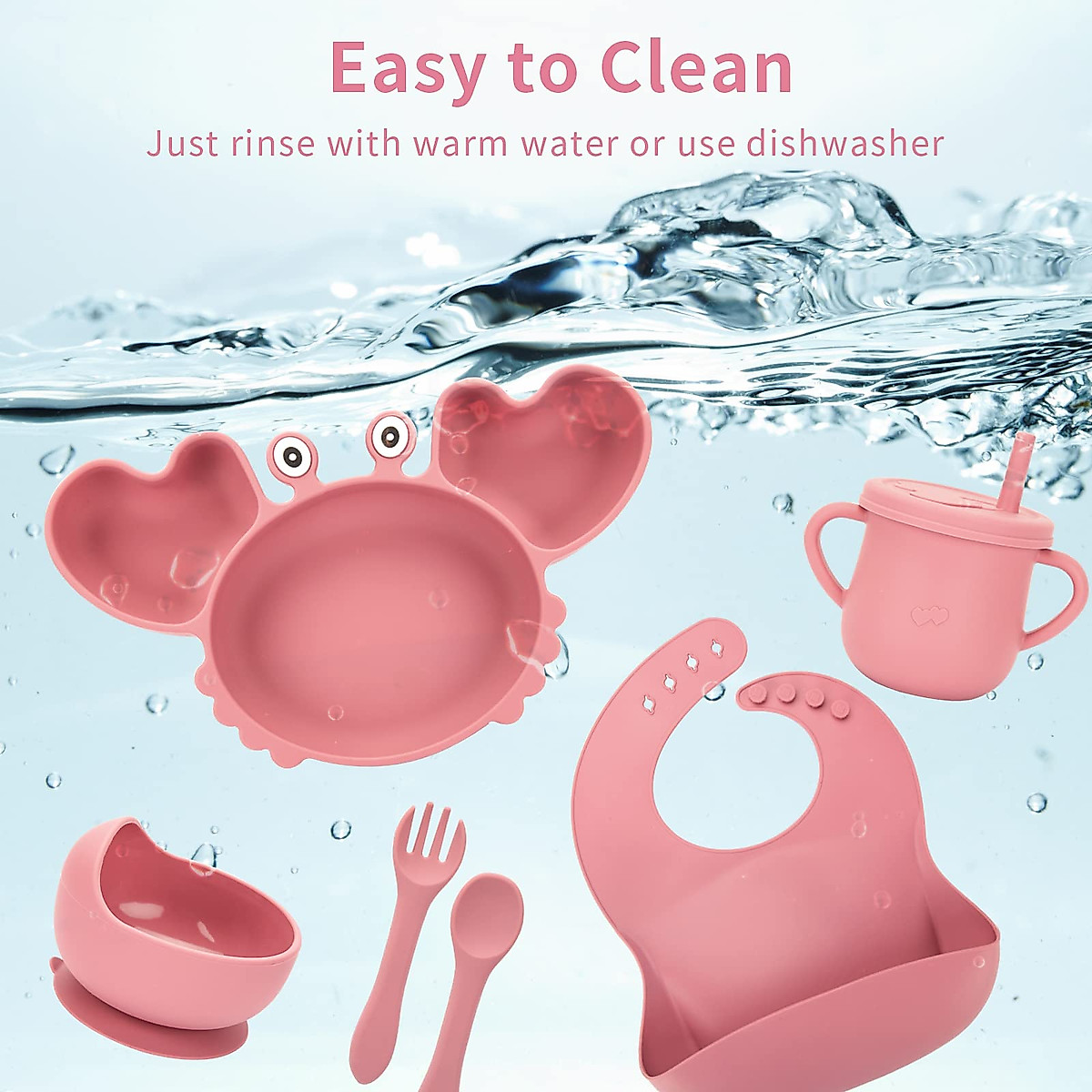 Puxdiauk Baby Feeding Set,6 Pcs Silicone Toddler Plates and Bowls Set with Suction Bowl Crab Divided Plate Adjustable Bibs Spoon Fork Cup with handle, Sturdy and BPA Free for Toddler Kid, Dark Pink