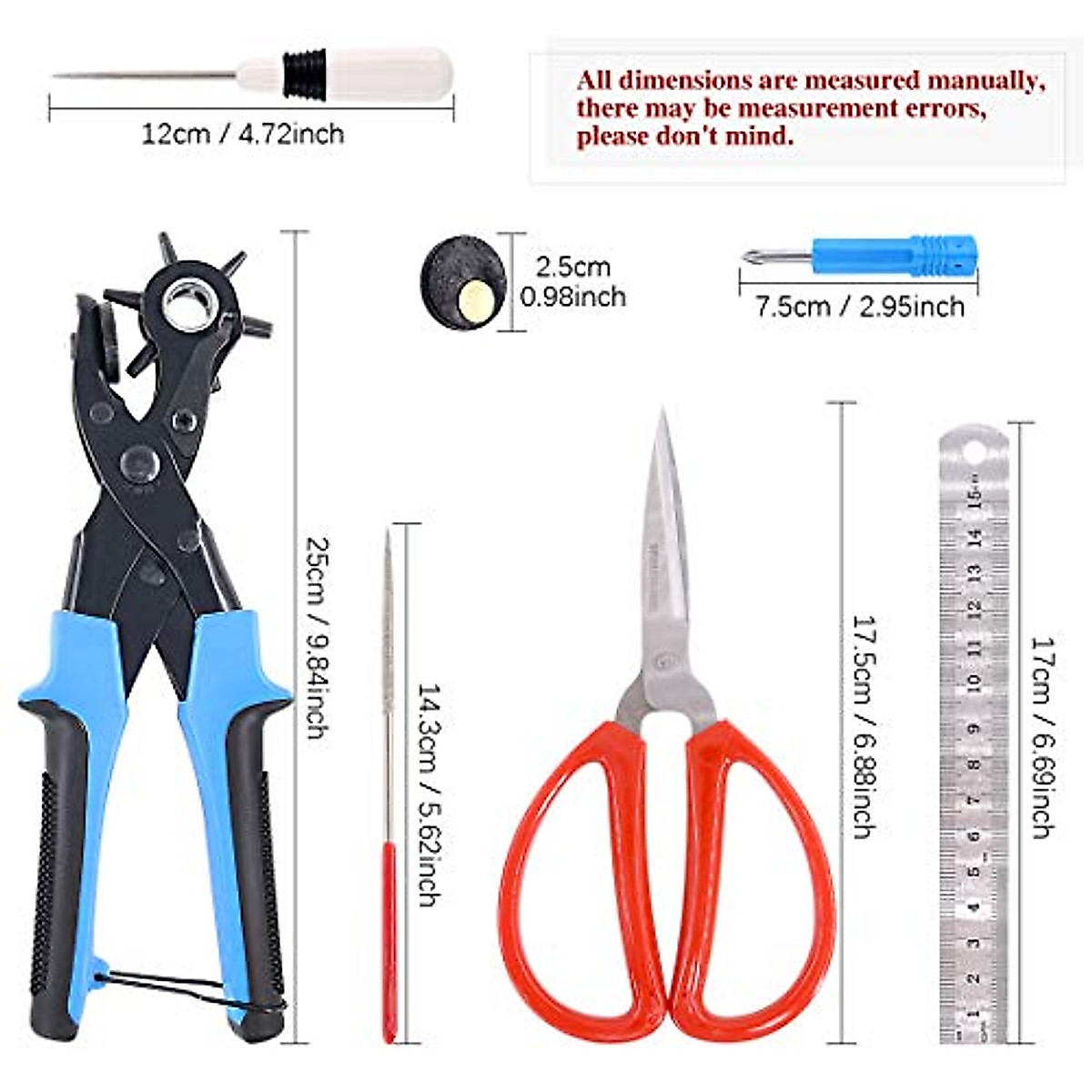 Swpeet 8Pcs Leather Hole Punch Plier with Grommet Eyelets Kit, Professional Puncher Including Punch Plier Screwdriver, Scissors, Rule, Awl Tool and Grinding Rod Multi Sized Puncher for Belts, Crafts