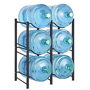 LIANTRAL 5 Gallon Water Bottle Holder, 3 Tiers Black Double Row Heavy Duty Water Cooler Jug Rack, Water Rack with 6 Slots for Home Kitchen