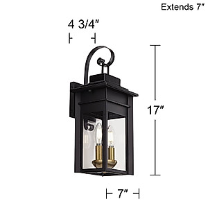 Franklin Iron Works Bransford Rustic Farmhouse Outdoor Wall Light Fixture Black 2-Light 17" Clear Glass Shade for Exterior Barn Deck House Porch Yard Patio Outside Garage Front Door Garden Home