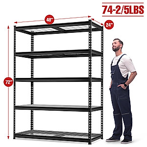 WORKPRO 5-Tier Heavy Duty Metal Shelving Unit, 48”W x 24”D x 72”H, Adjustable Storage Rack, 4000 lbs Total Load Capacity, Ideal for Garage, Basement, Warehouse, Workshop