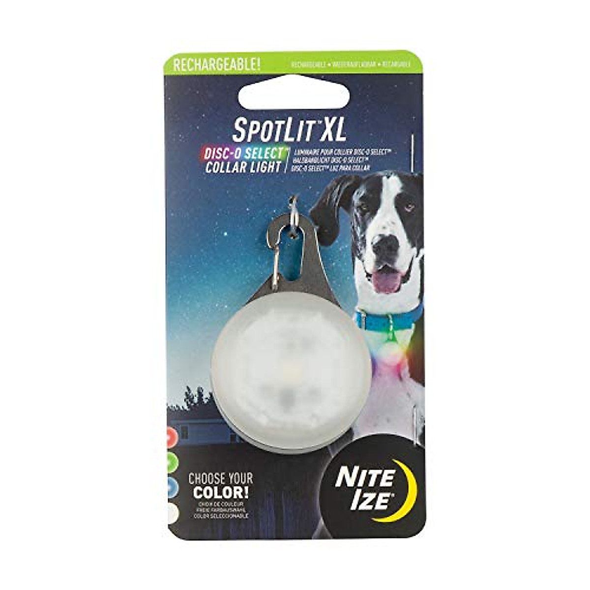 Nite Ize Spotlit XL LED Collar Light, Carabiner Clip Dog Light, USB Rechargeable, Disc-O Select Color-Changing Light